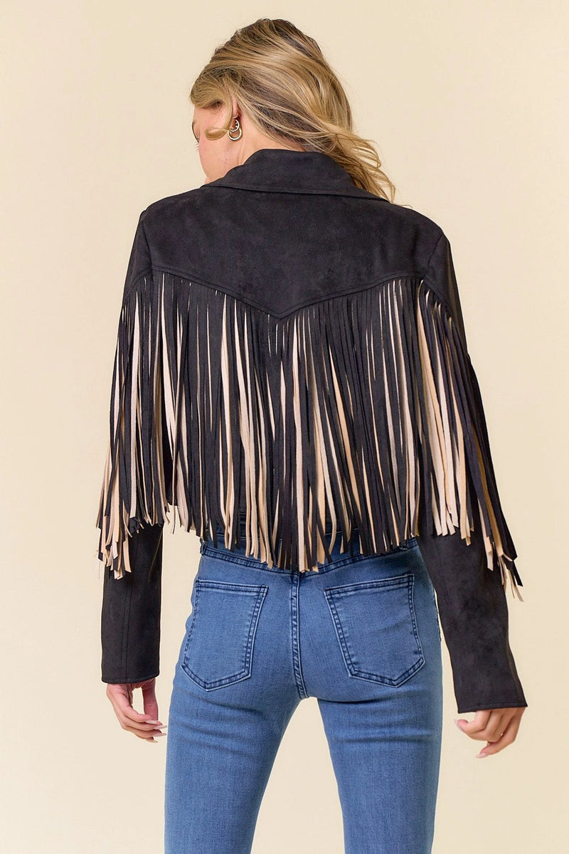 Two Tone Fringe Faux Suede Jacket Black/Cream – Tarnish